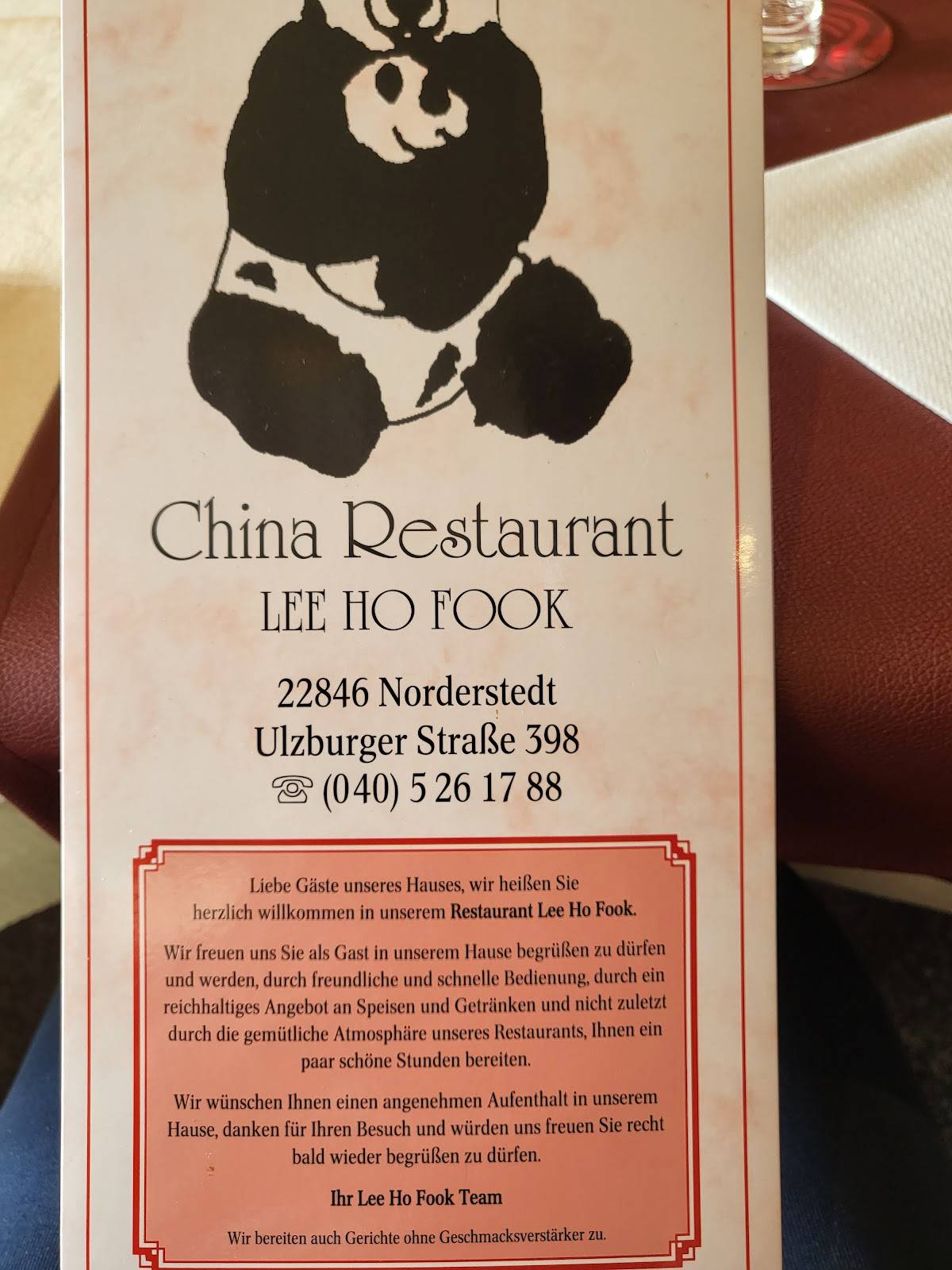 Speisekarte von Lee Ho Fook restaurant, Norderstedt