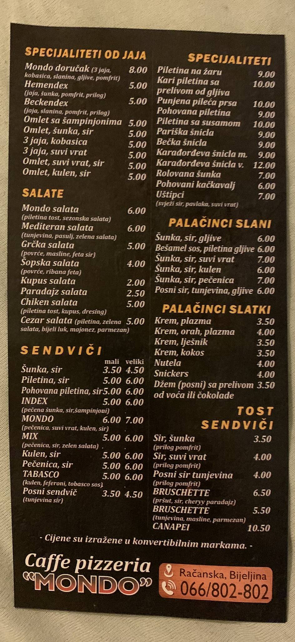 Menu at Mondo restaurant, Bijeljina