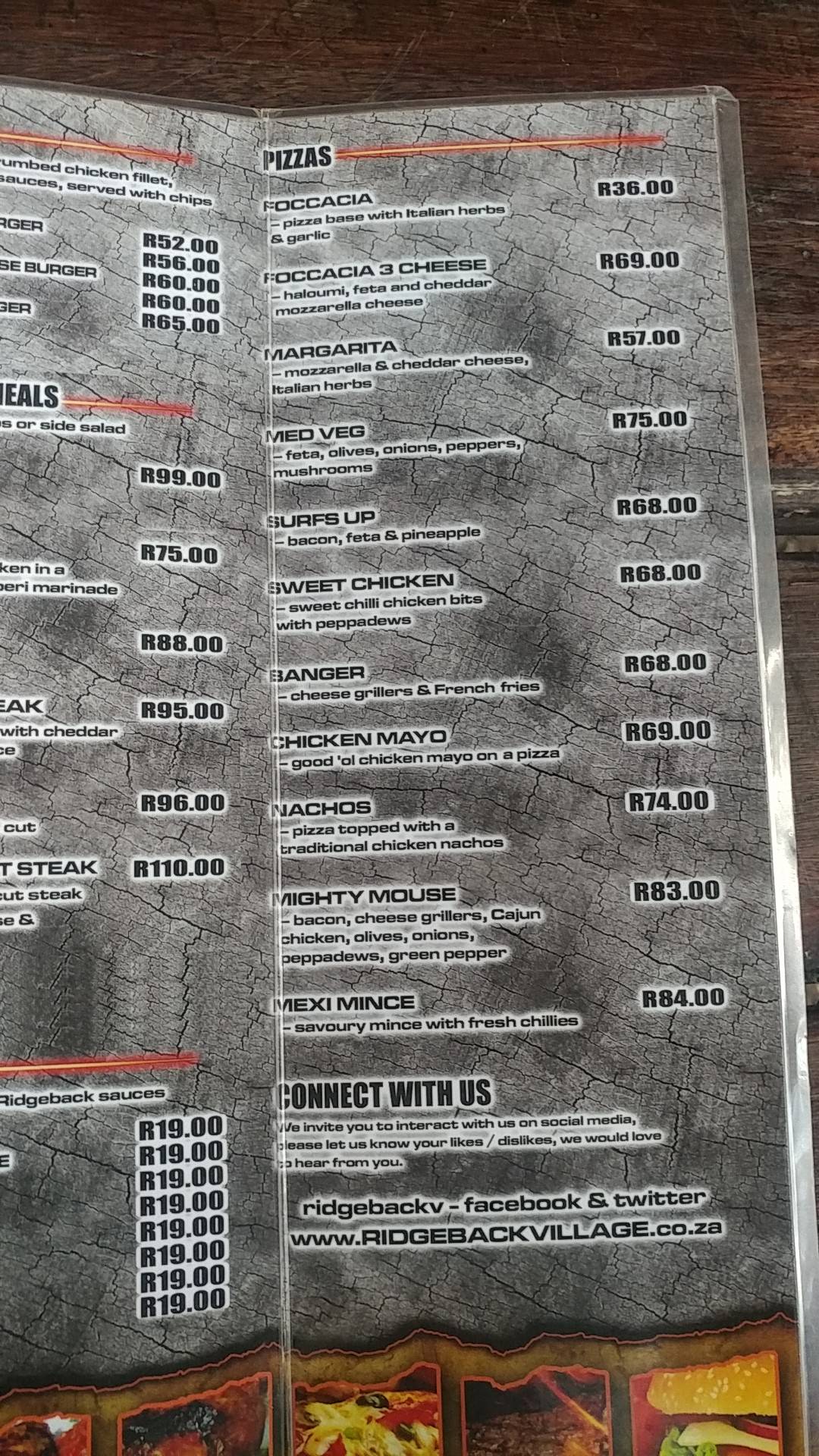 Menu at Ridgeback Village Restaurant, Pretoria, 129 South St