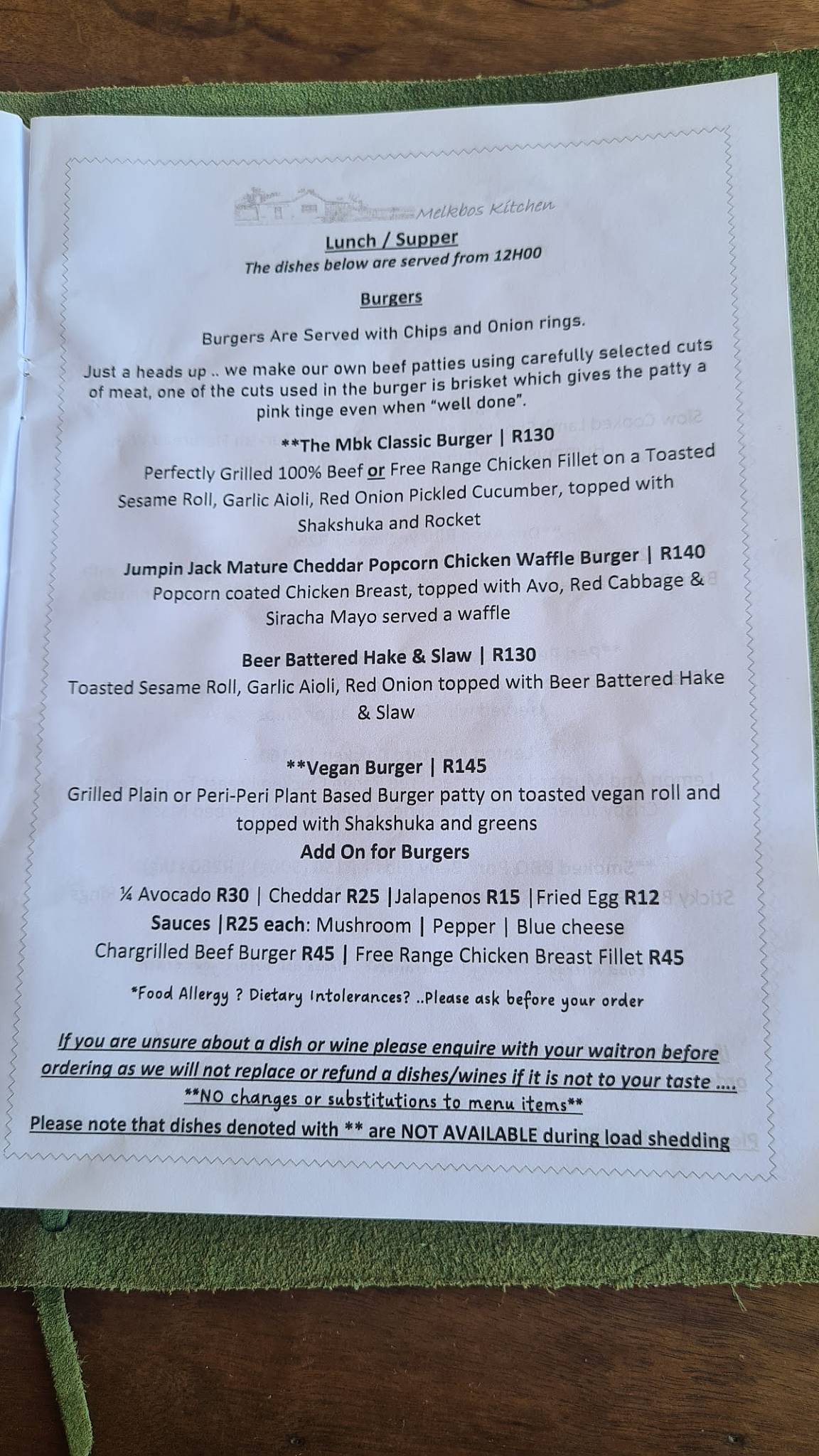 Menu at The Melkbos Kitchen restaurant, Cape Town