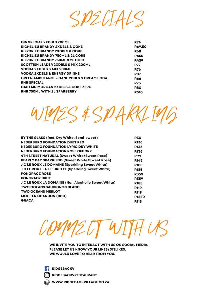 Menu at Ridgeback Village Restaurant, Pretoria, 129 South St