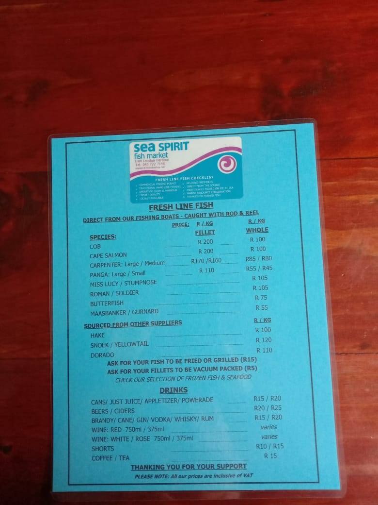 Menu at Sea Spirit Fish Market Restaurant, East London