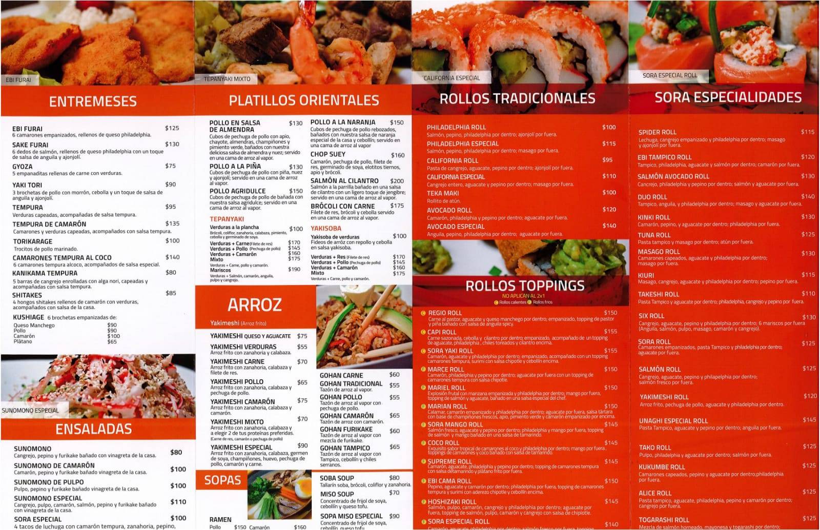 Carta del restaurante Sora, Ciudad Victoria, Zacatecas