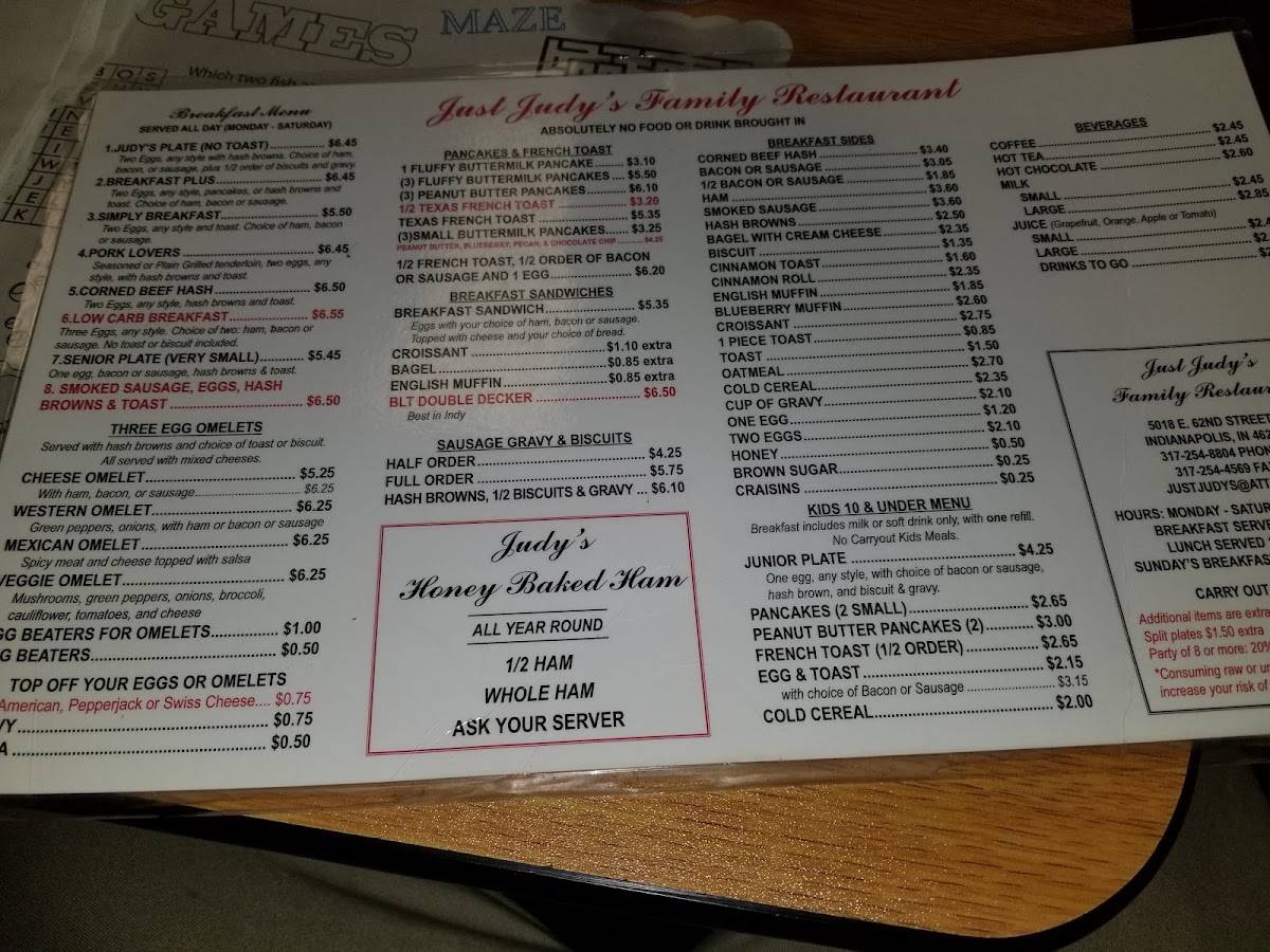Menu at Just Judy's Restaurant, Indianapolis, E 62nd St