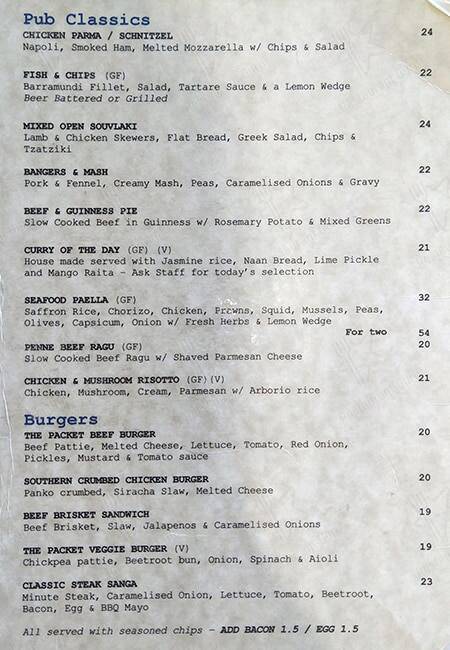 Menu at Steam Packet Hotel restaurant, Williamstown