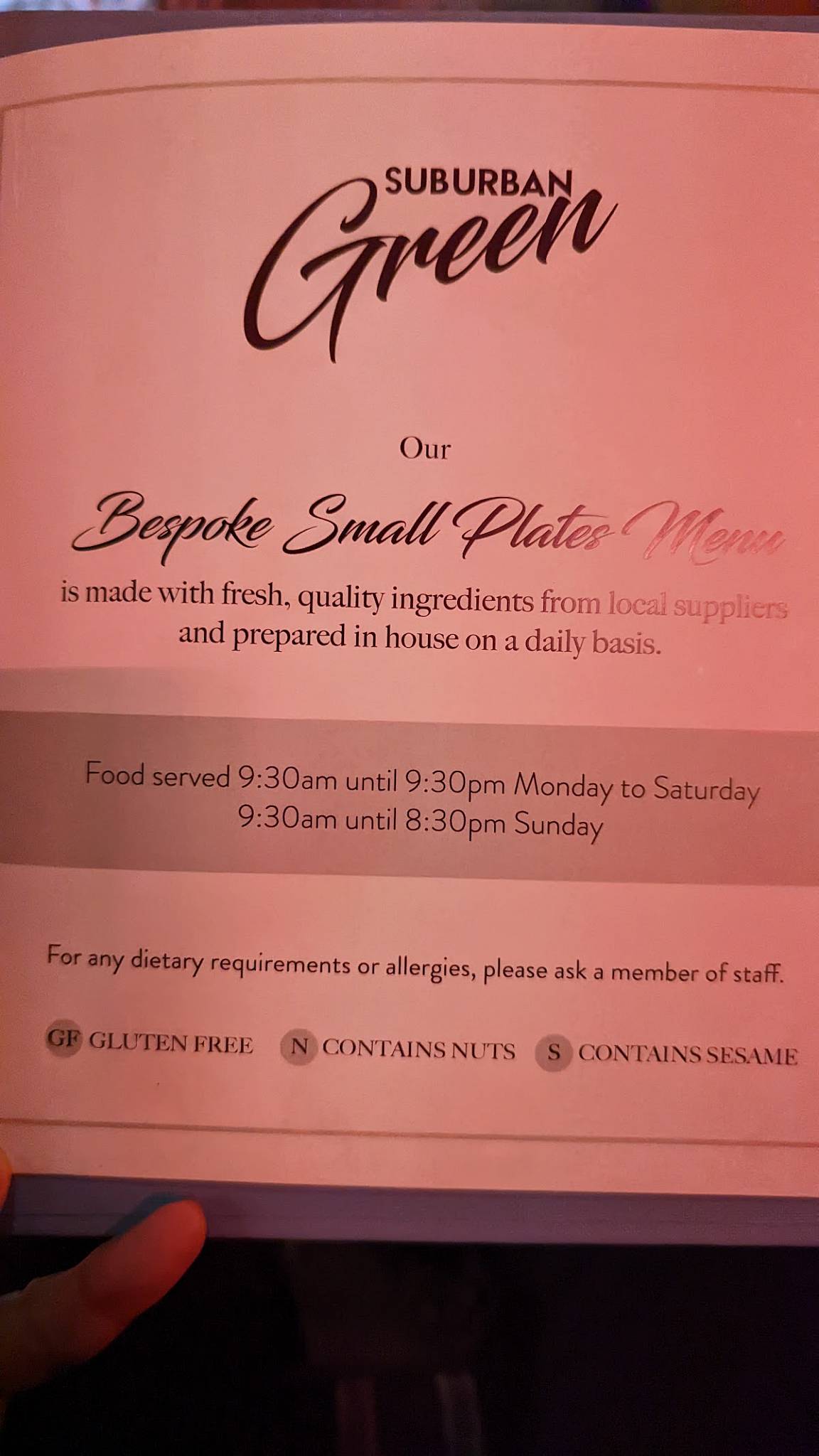 Menu at Suburban Green restaurant, Wilmslow