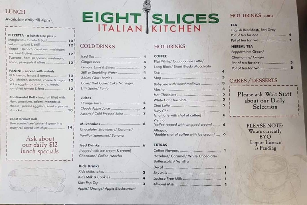 Menu at Eight Slices Italian Kitchen restaurant, Tapping