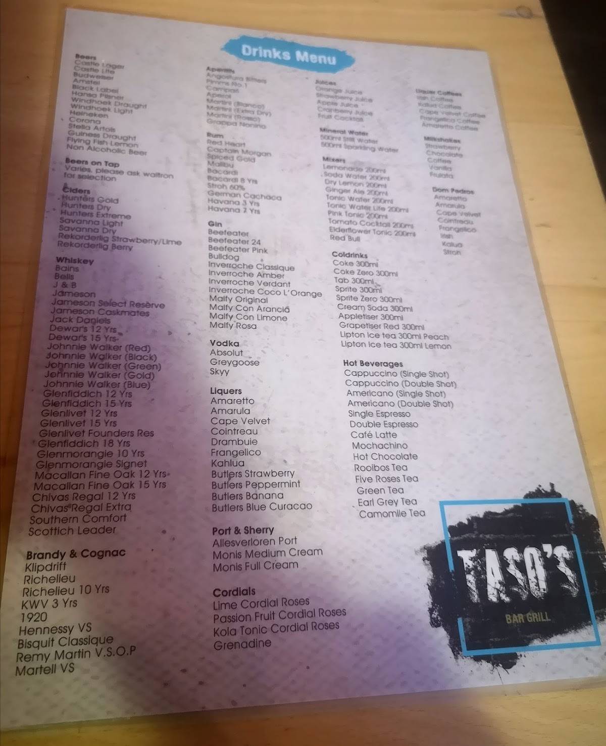 Menu at Taso's Bar & Grill Ballito, Dolphin Coast