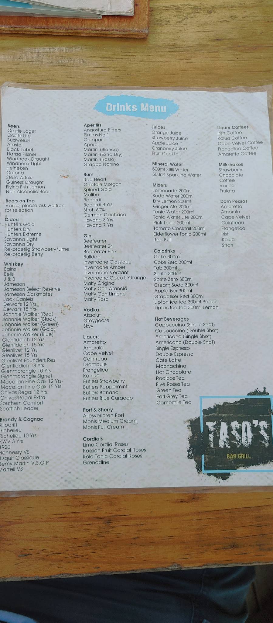 Menu at Taso's Bar & Grill Ballito, Dolphin Coast