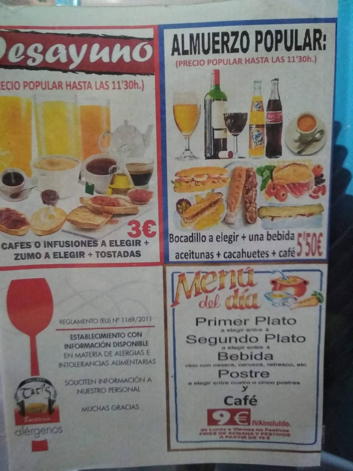 Carta del restaurante Tati's, Ayelo del Malferit