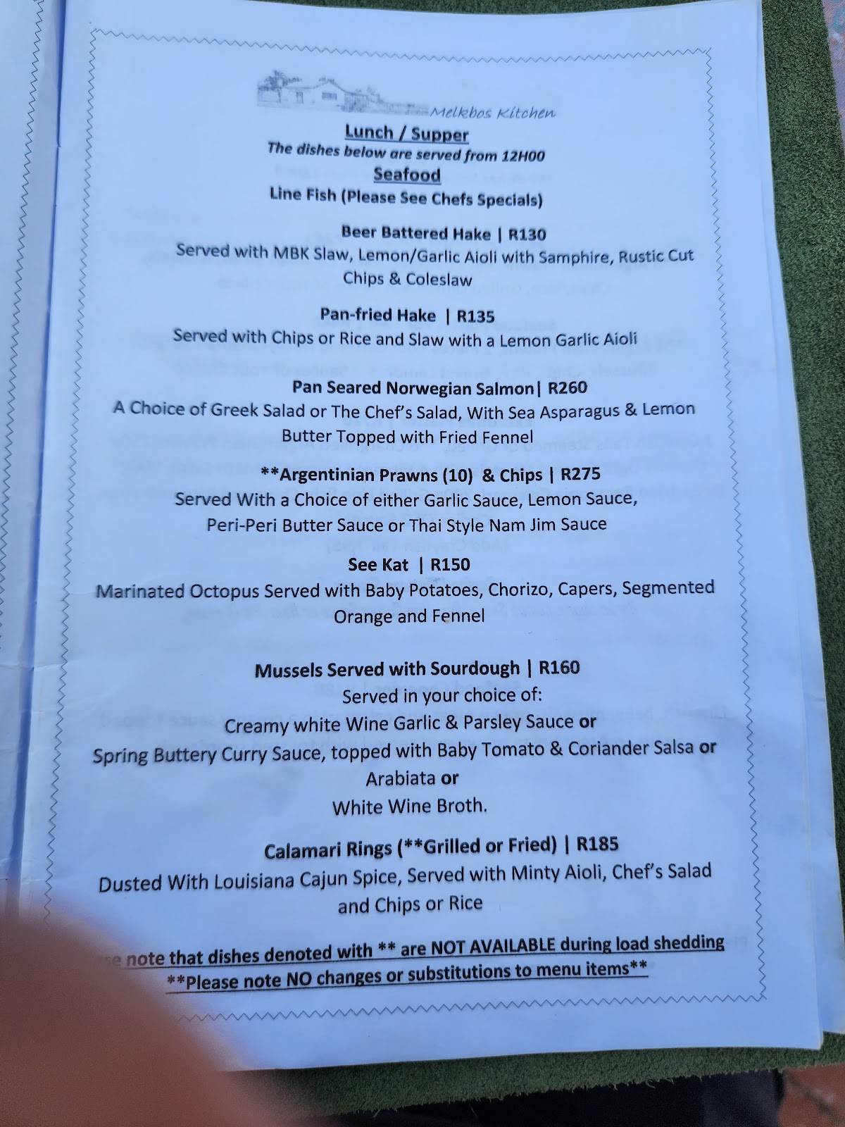 Menu at The Melkbos Kitchen restaurant, Cape Town