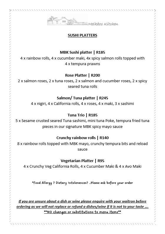 Menu at The Melkbos Kitchen restaurant, Cape Town