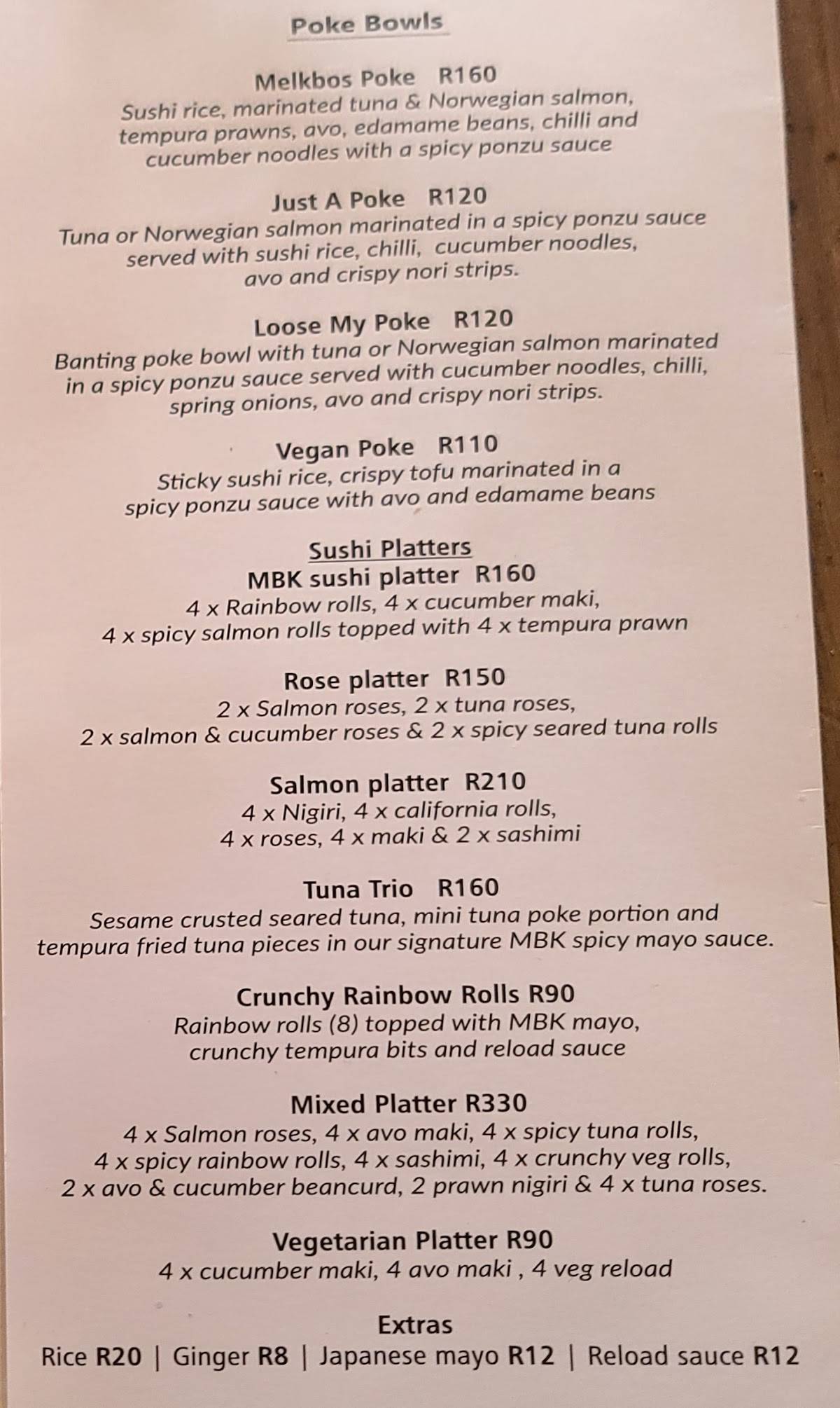 Menu at The Melkbos Kitchen restaurant, Cape Town