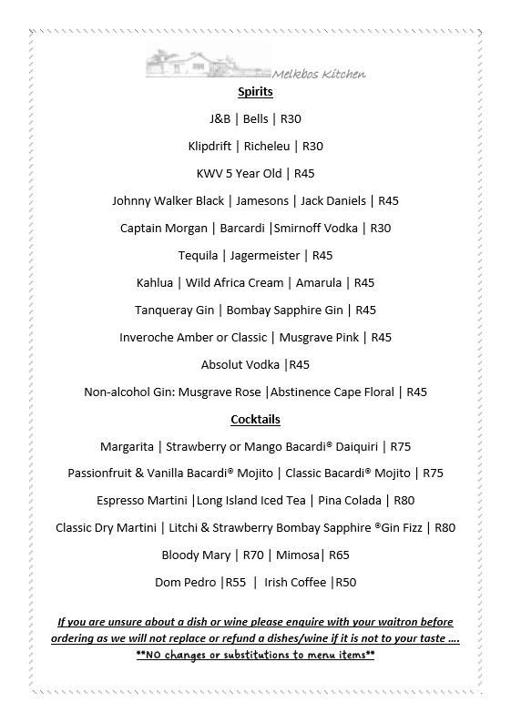 Menu at The Melkbos Kitchen restaurant, Cape Town