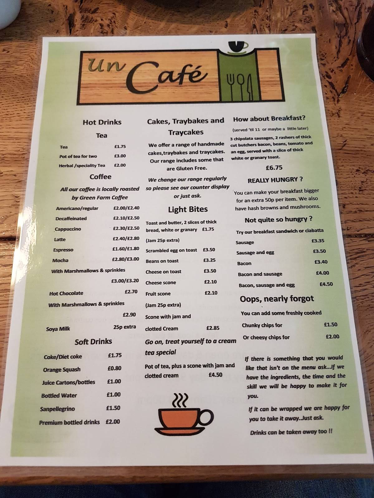 Menu at Un Cafe, Norwich, N Walsham Rd