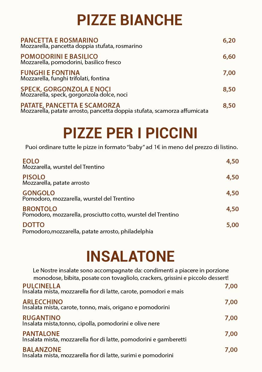 Menu da Tutti Gusti pizzeria, Verona