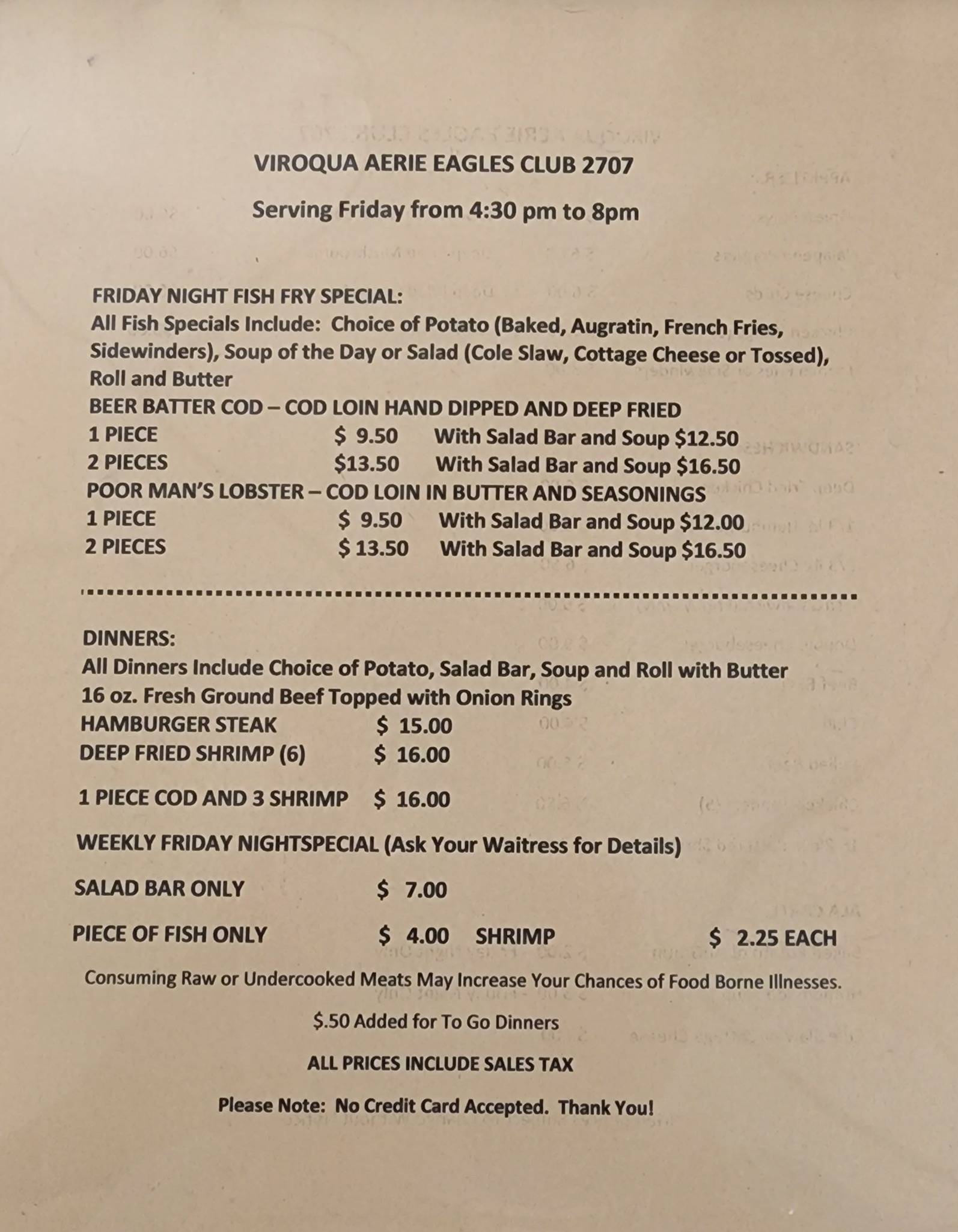 Menu at Viroqua Eagles Club 2707, Viroqua
