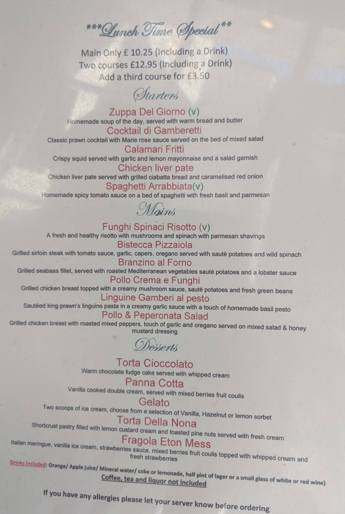 Menu at Amici restaurant, Ashford