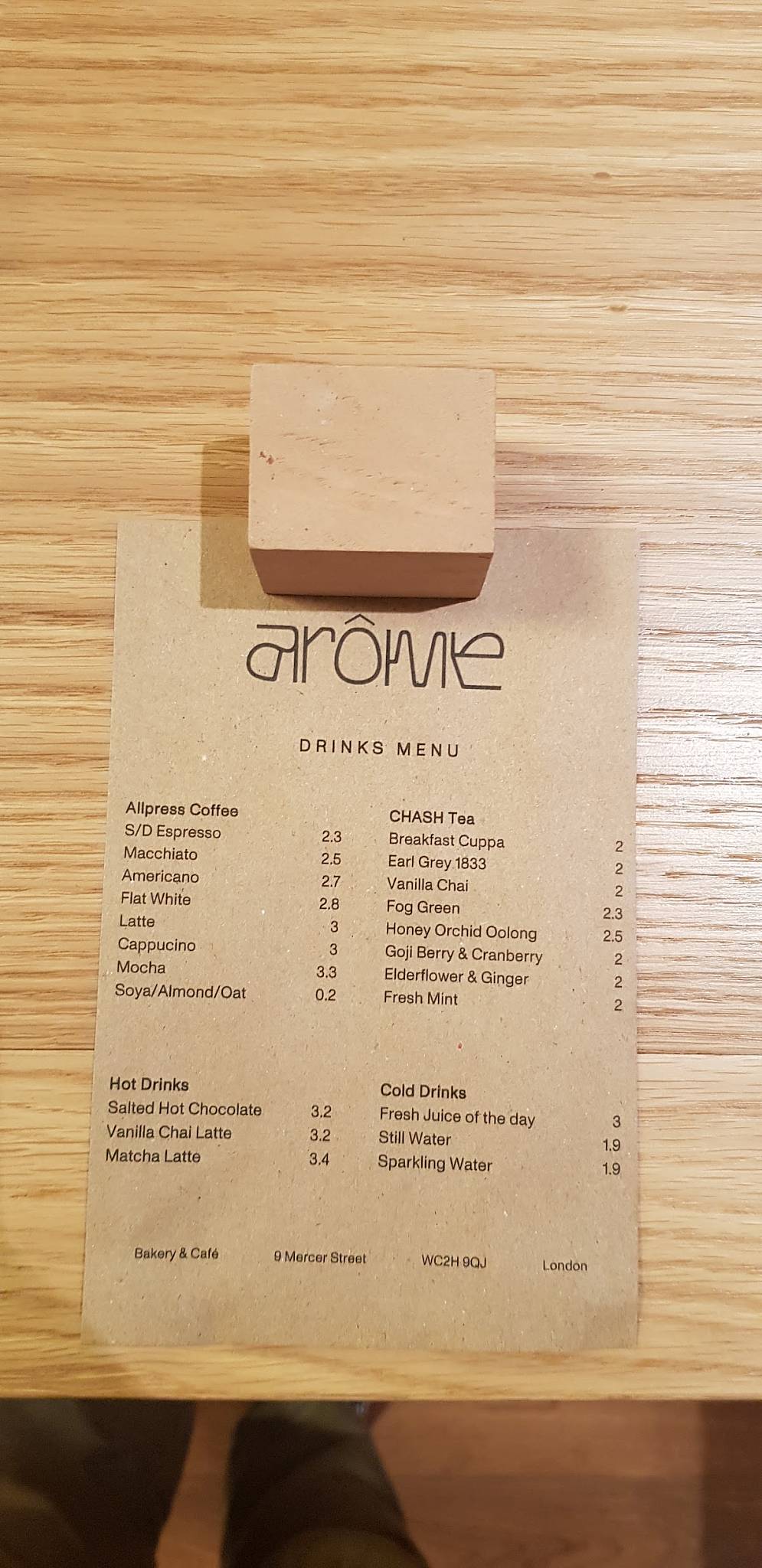 Menu at Arôme Bakery - Mercer Street, London