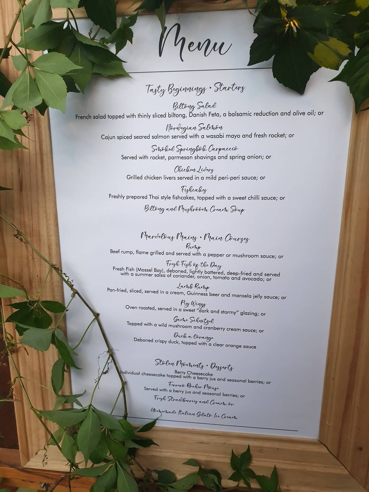 Menu at Blu Saffron restaurant, Pretoria