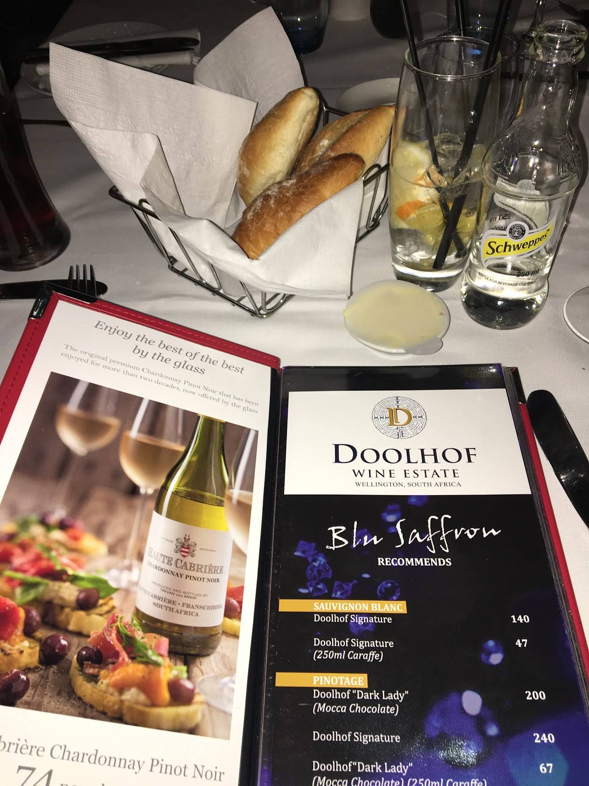 Menu at Blu Saffron restaurant, Pretoria