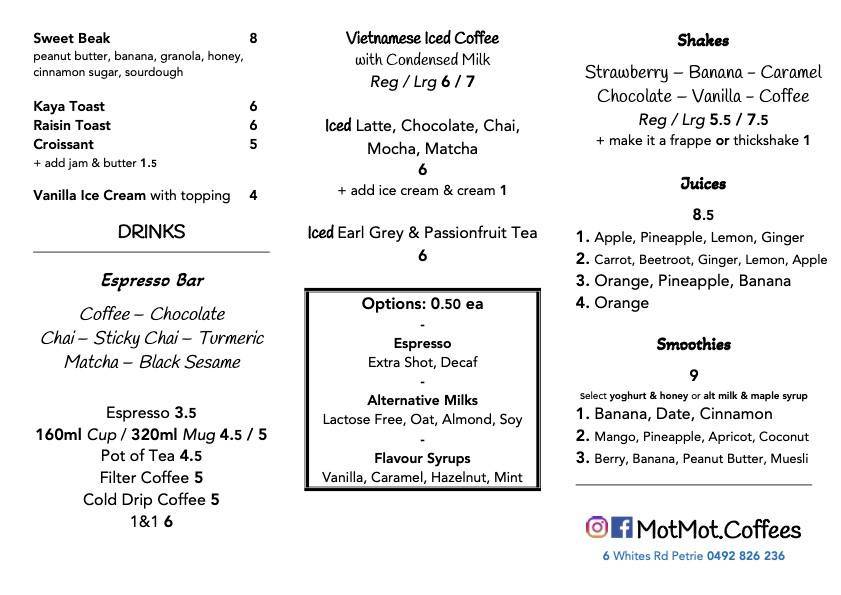 Menu at MotMot - Coffee & Eats cafe, Petrie