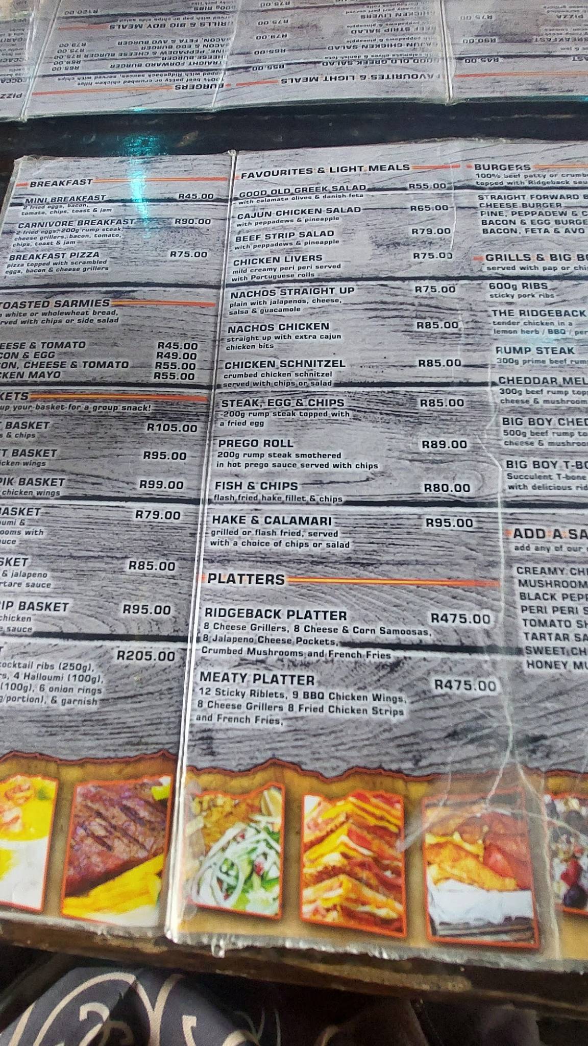 Menu at Ridgeback Village Restaurant, Pretoria, 129 South St