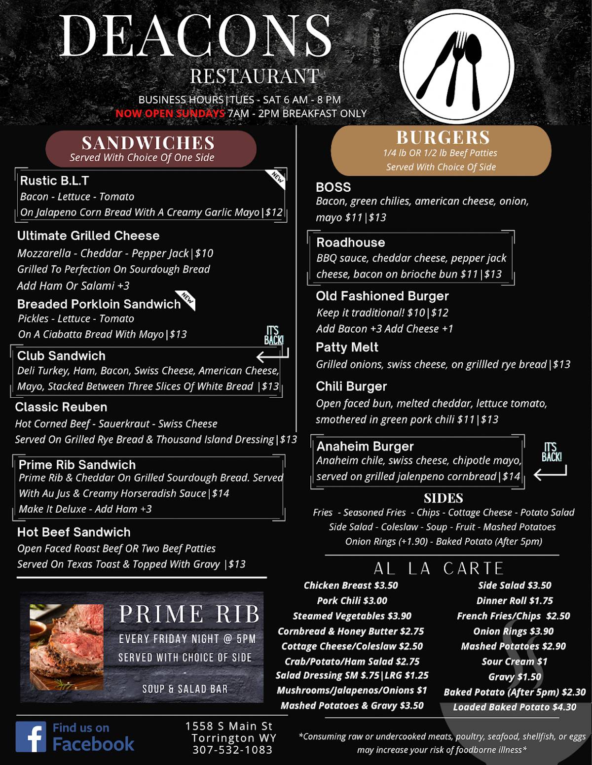 Menu at Deacons restaurant, Torrington