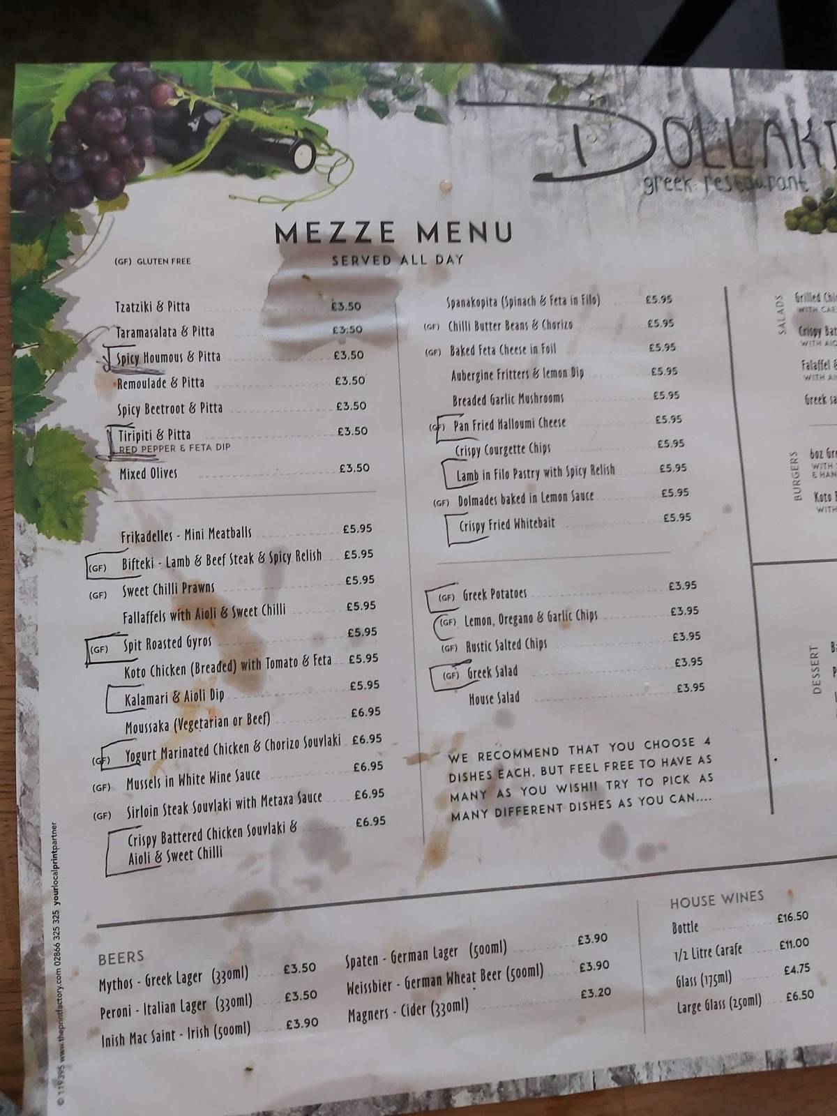 Menu at Dollakis restaurant, Enniskillen