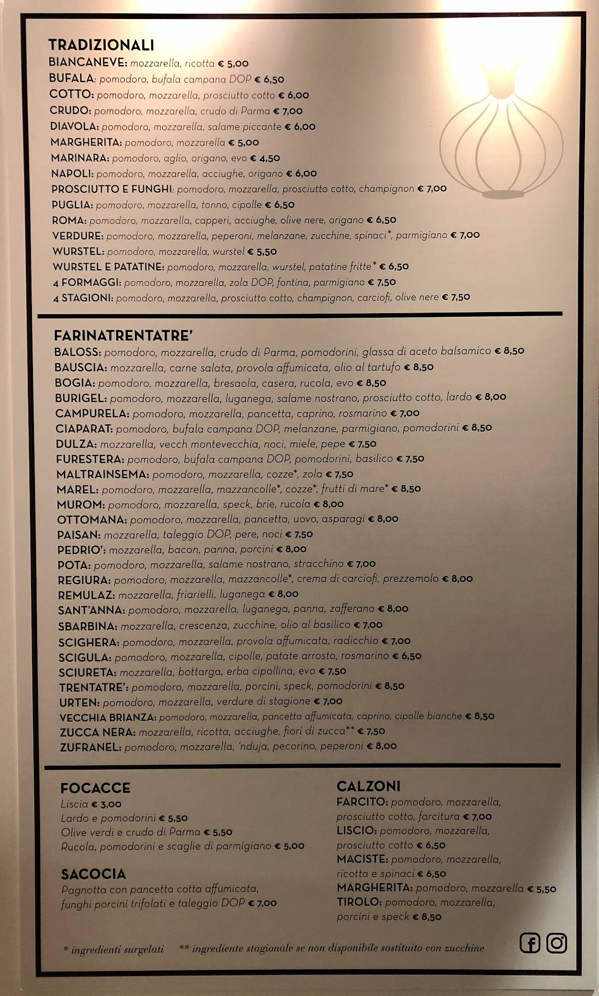 Menu da Farina Trentatré pizzeria, Missaglia, Via Vespucci