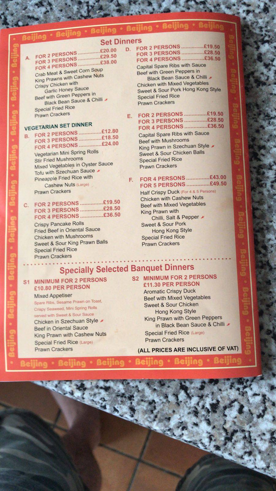 Menu at Beijing fast food, Felixstowe