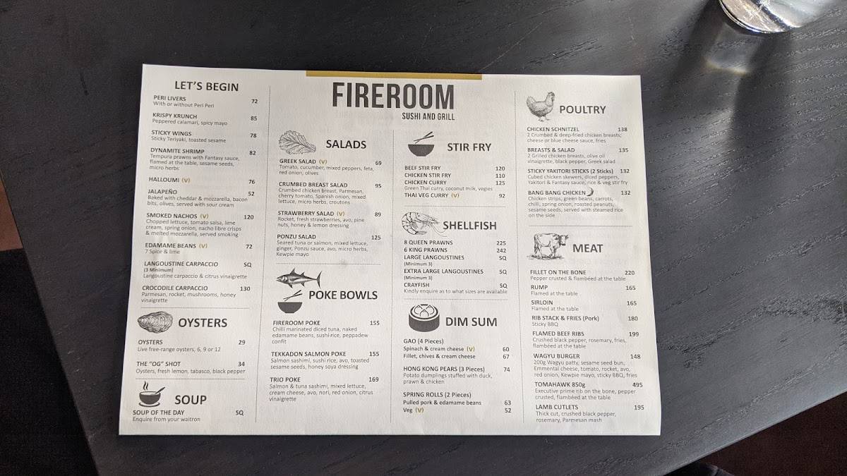 Menu at Fireroom Castle Gate restaurant, Pretoria