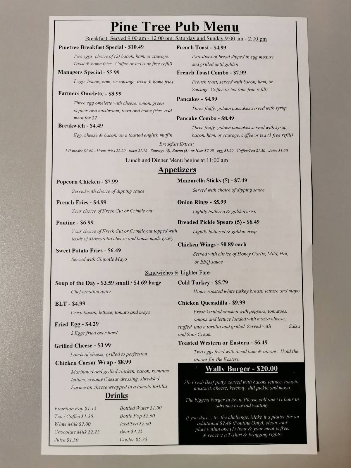 Menu at Pine Tree Bar & Grill, Fredericton, 185 Gabriel Dr