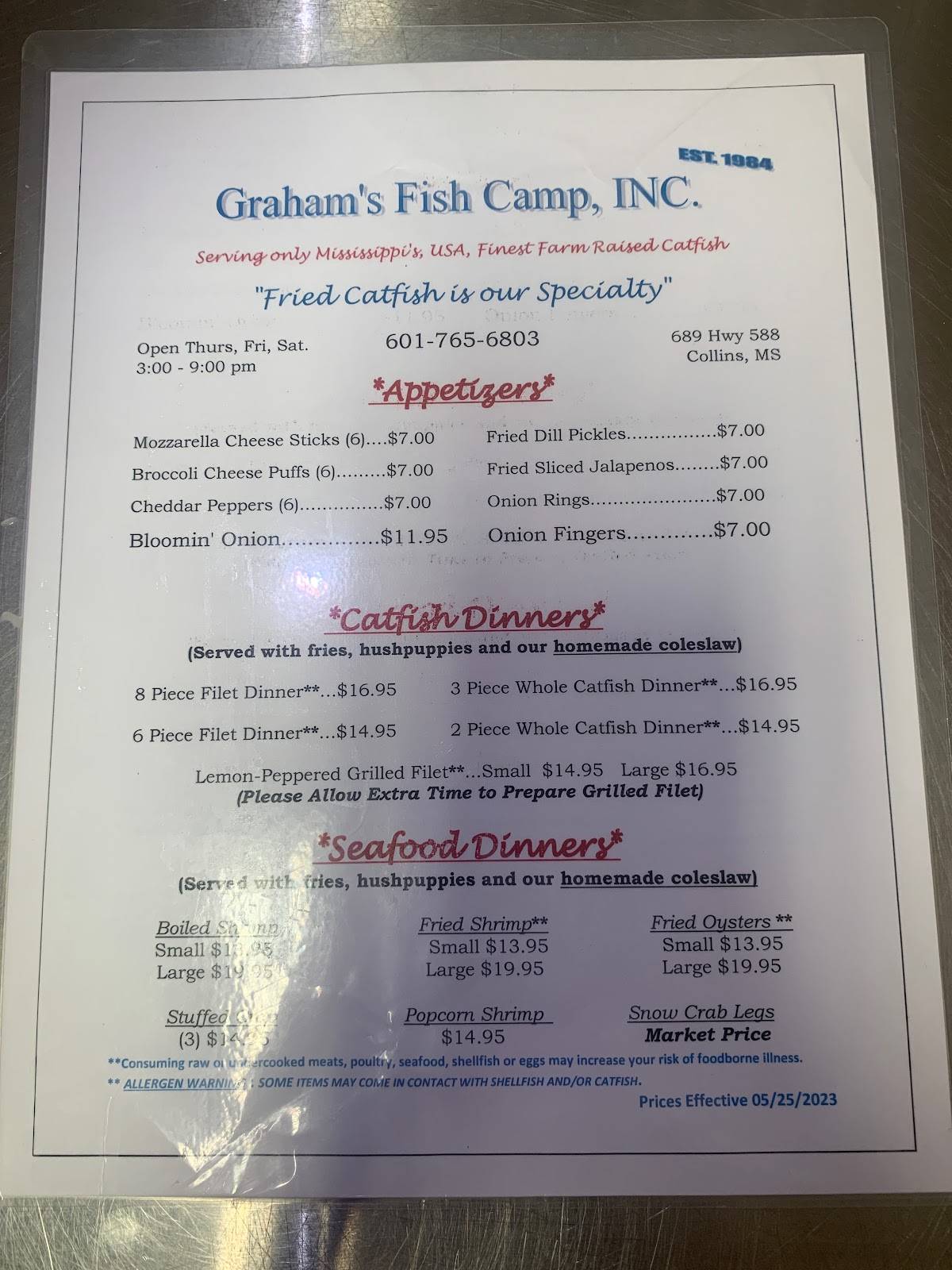 Menu at Graham's Fish Camp restaurant, Collins