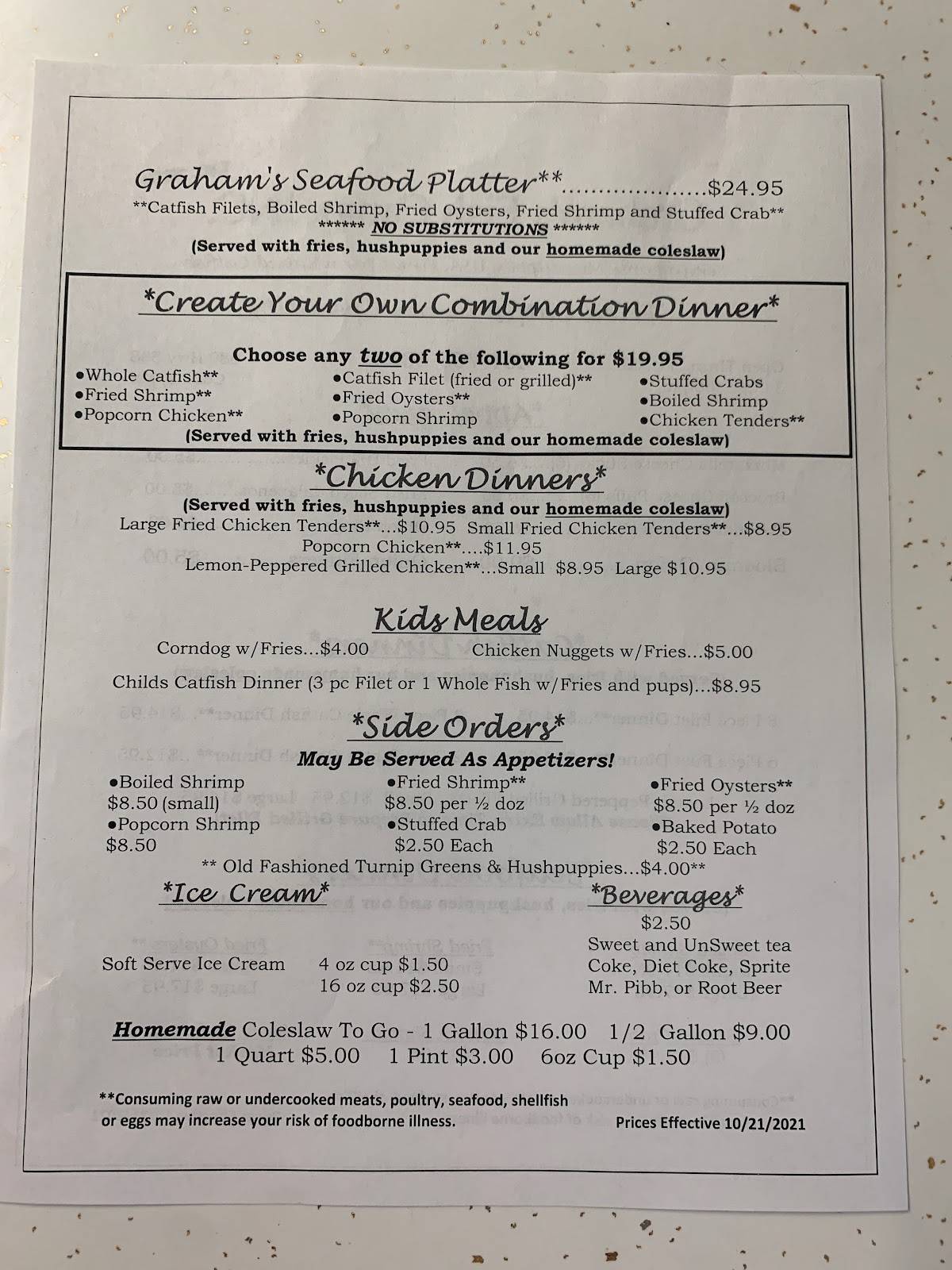 Menu at Graham's Fish Camp restaurant, Collins