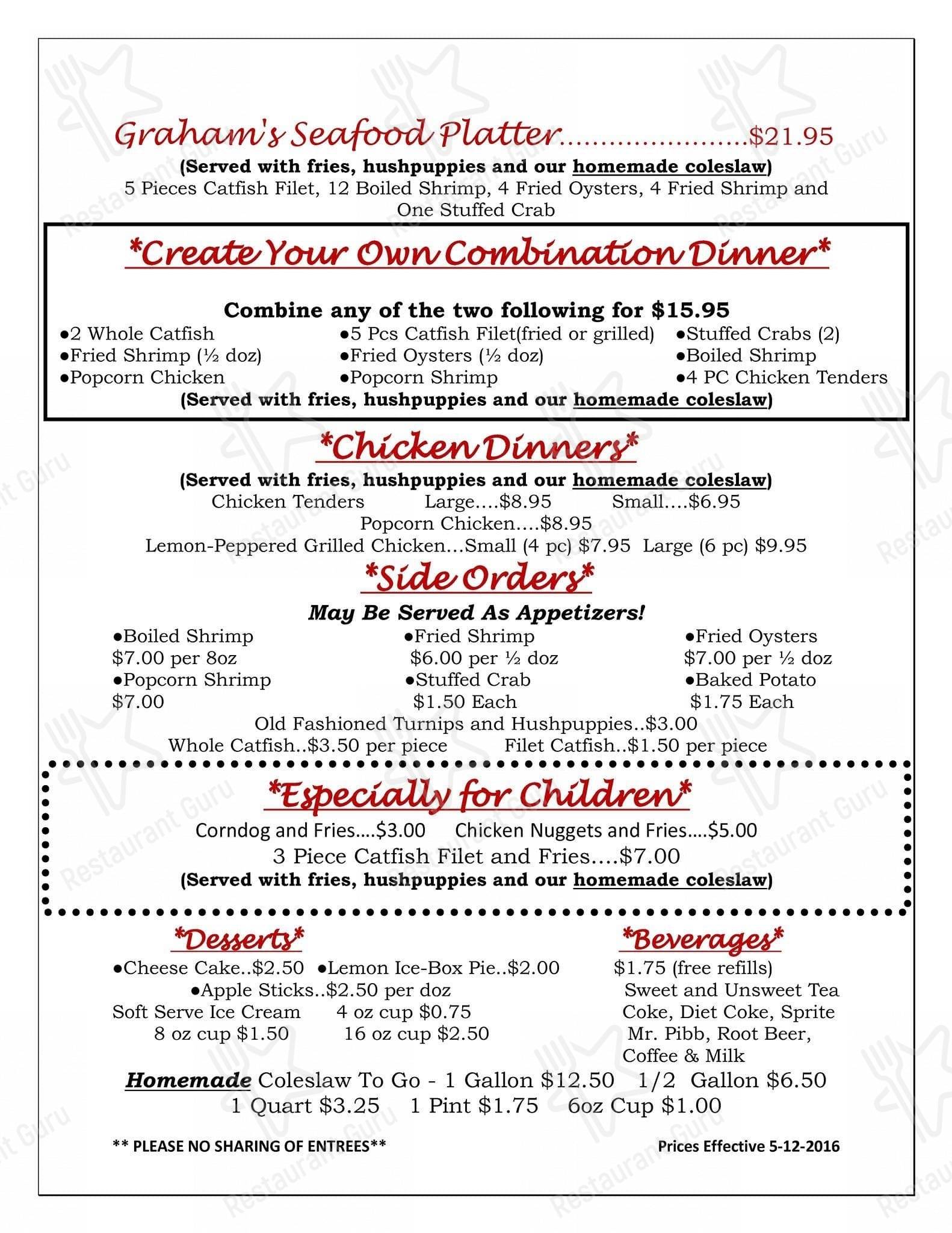 Menu at Graham's Fish Camp restaurant, Collins