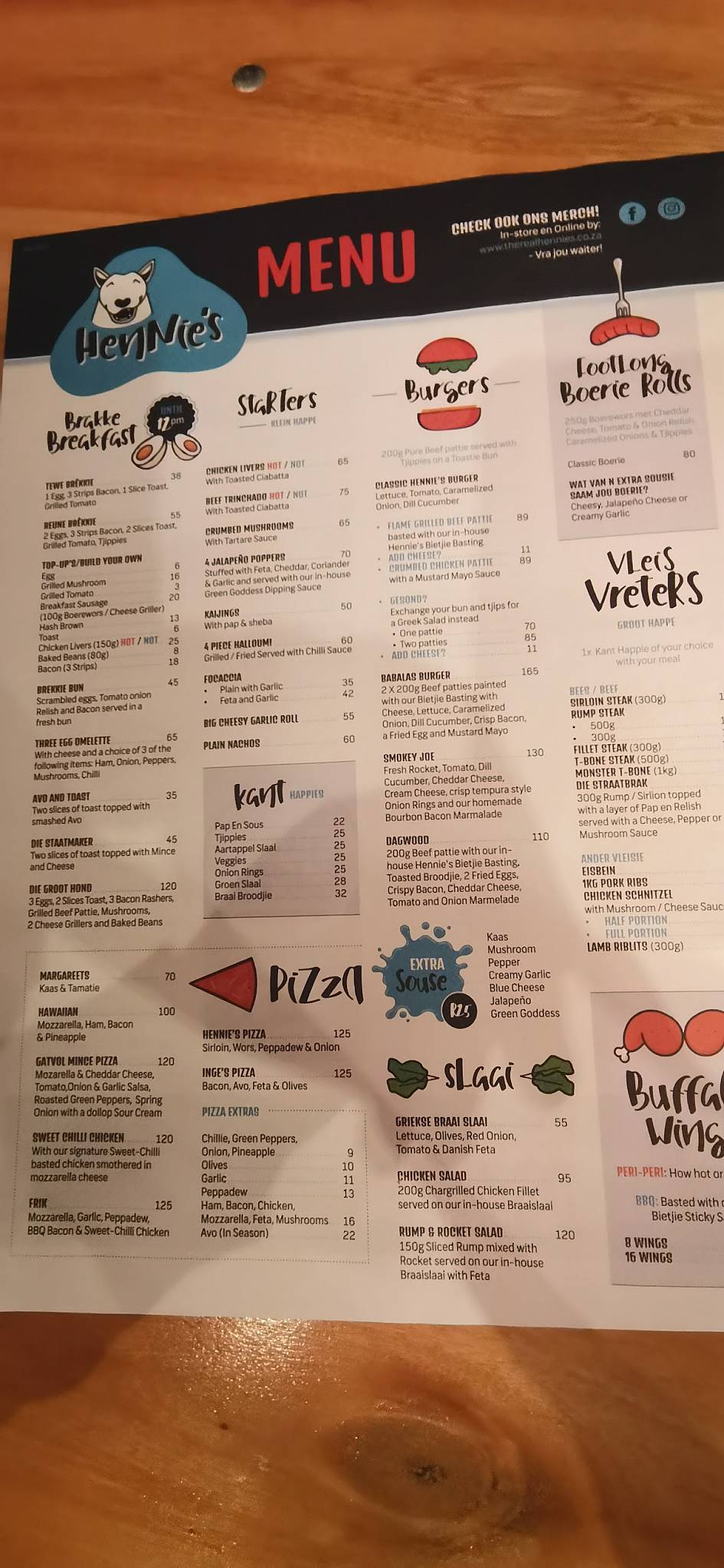Menu at Hennie's Montana Restaurant, Pretoria
