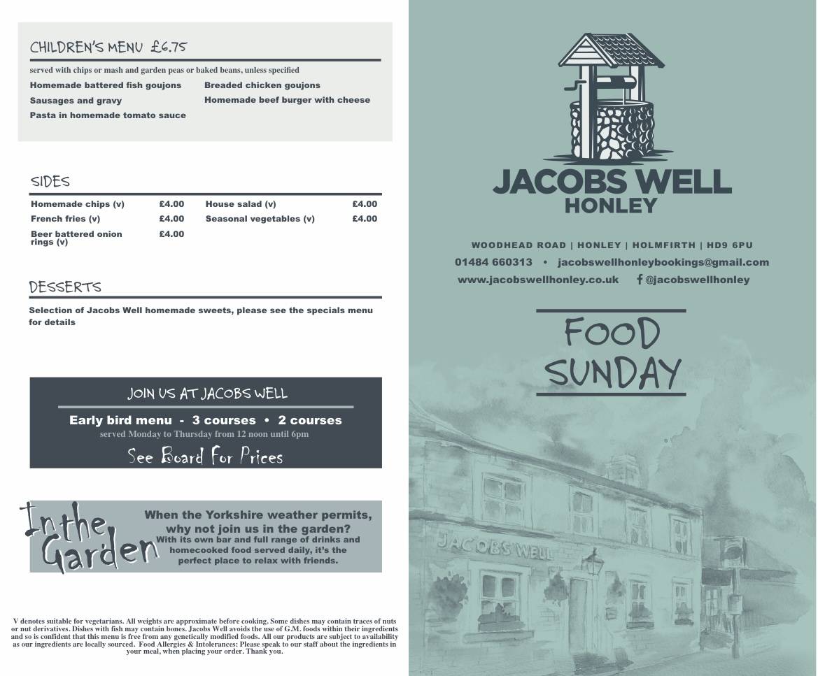 Menu at Jacobs Well pub & bar, Holmfirth, 16 Woodhead Rd
