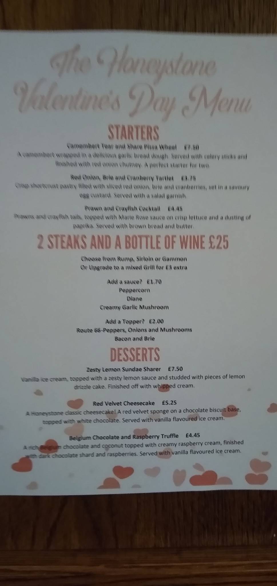 Menu at Honeystone restaurant, Hunstanton
