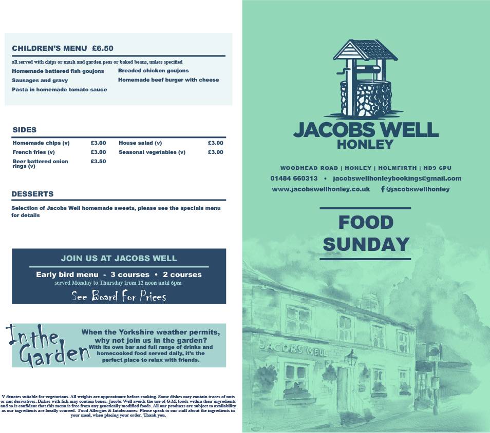 Menu at Jacobs Well pub & bar, Holmfirth, 16 Woodhead Rd