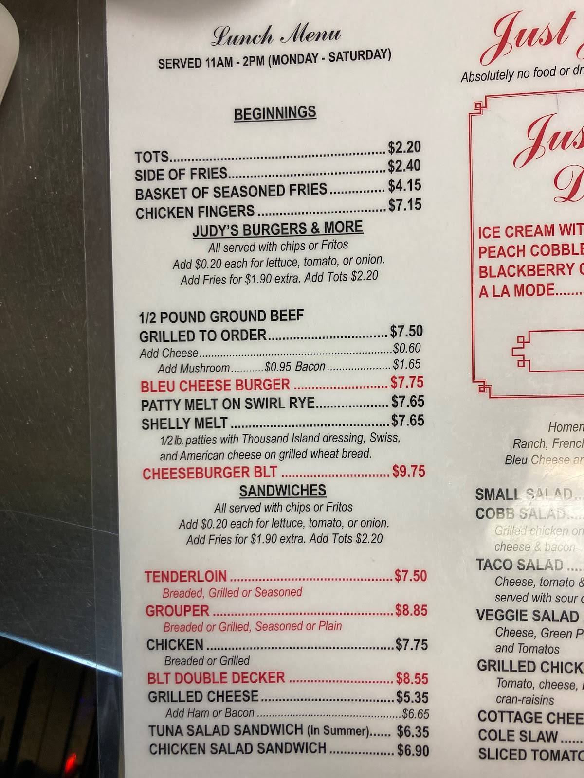 Menu at Just Judy's Restaurant, Indianapolis, E 62nd St