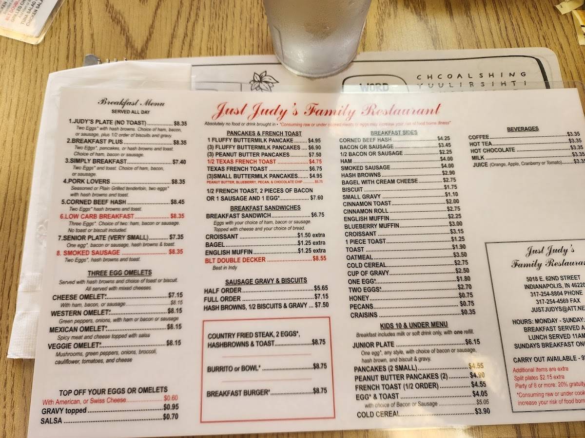 Menu at Just Judy's Restaurant, Indianapolis, E 62nd St
