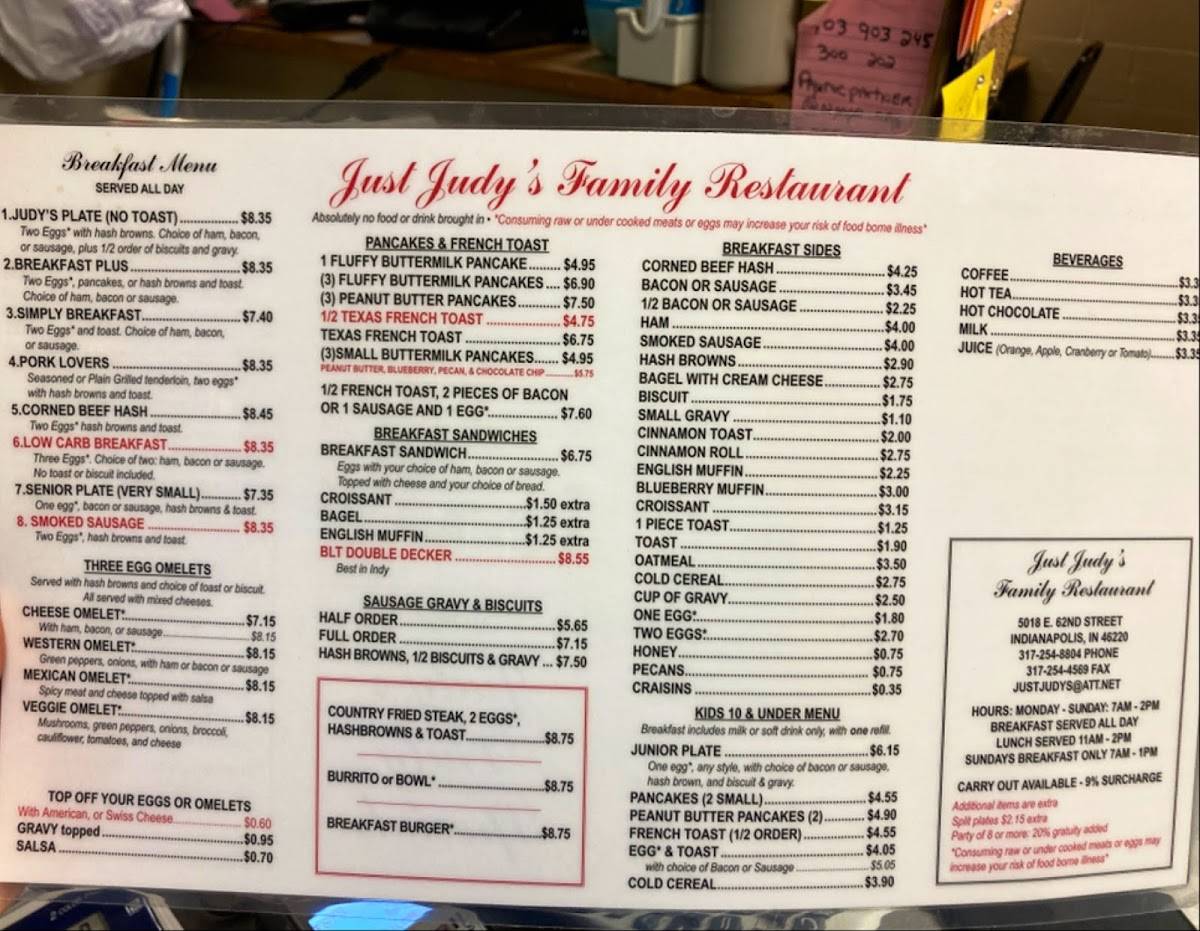 Menu at Just Judy's Restaurant, Indianapolis, E 62nd St