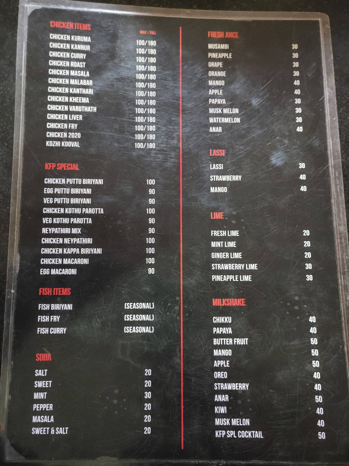 Menu at Kannur Food Point, Bengaluru, S.G.Palya Main Road