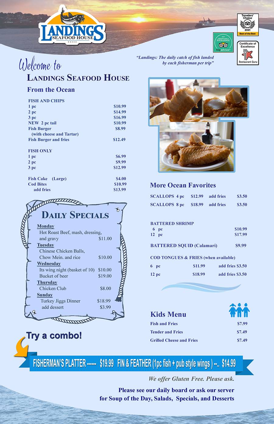 Menu at Landings Seafood House restaurant, Portugal Cove-St. Philip's