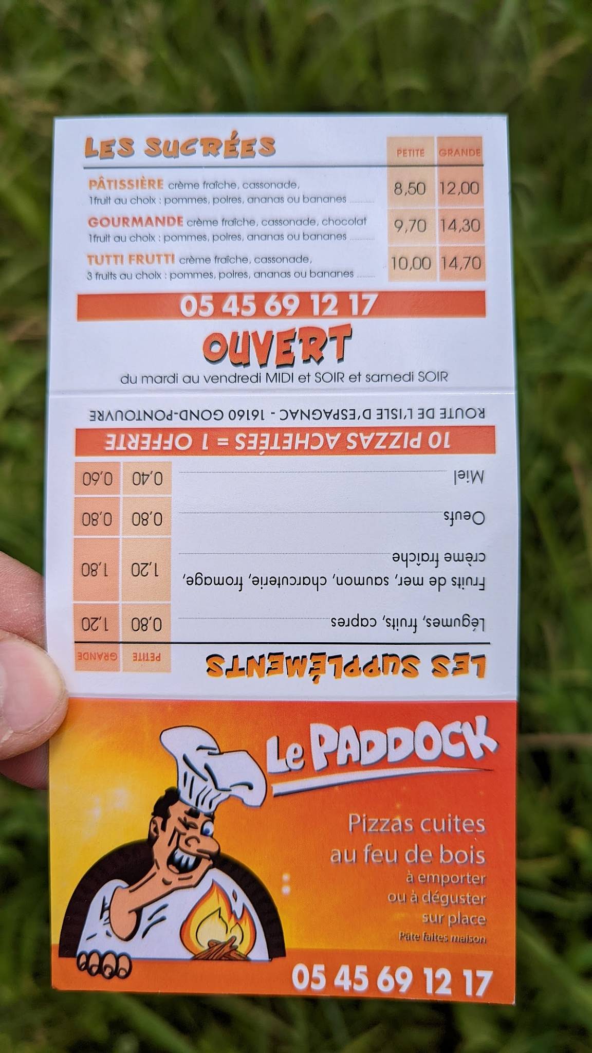 Menu au Le Paddock pizzeria, Gond-Pontouvre