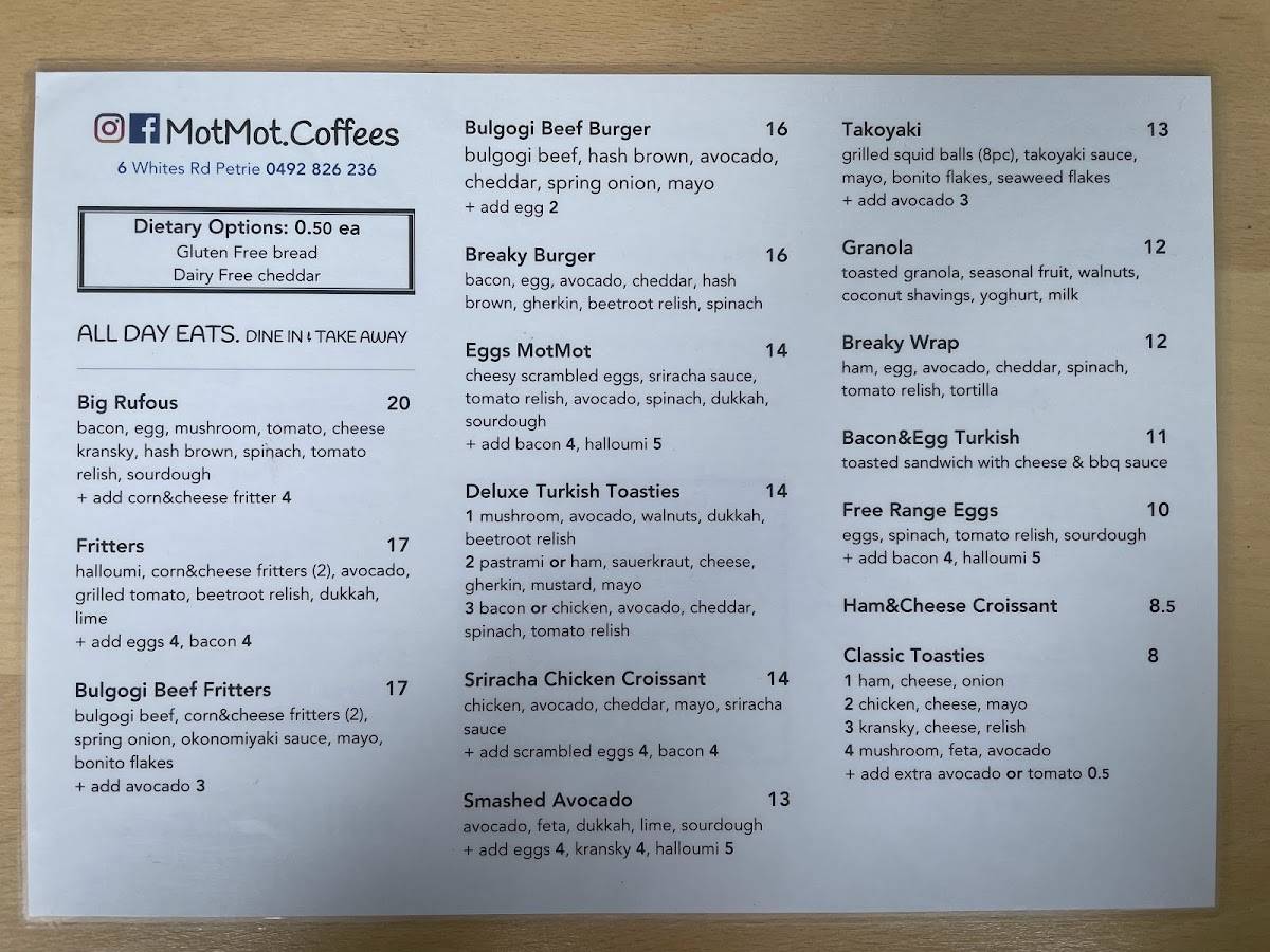 Menu at MotMot - Coffee & Eats cafe, Petrie