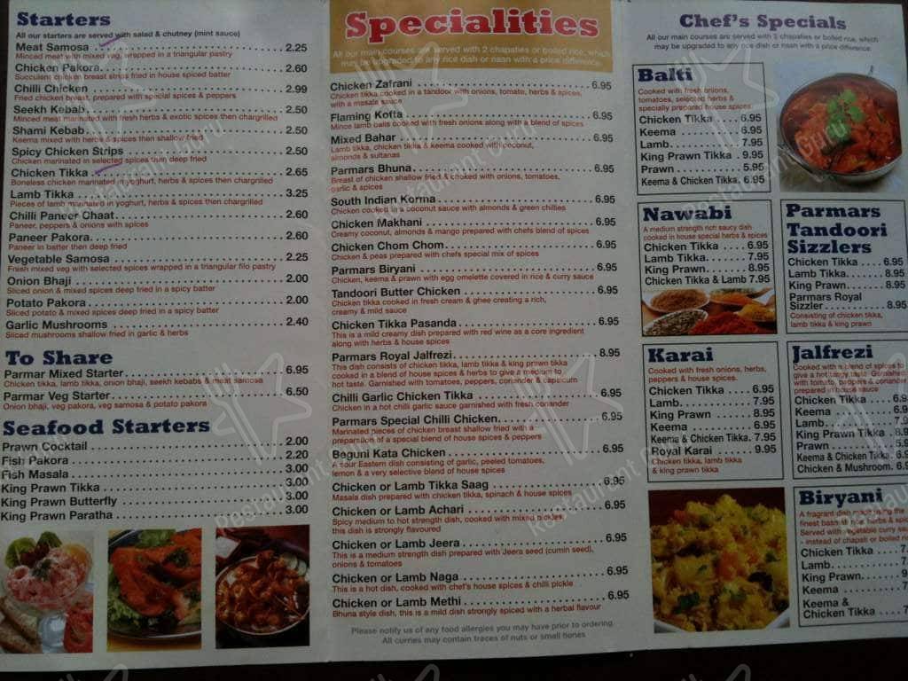 Menu at Parmars Indian Restaurant & Bar, Liversedge