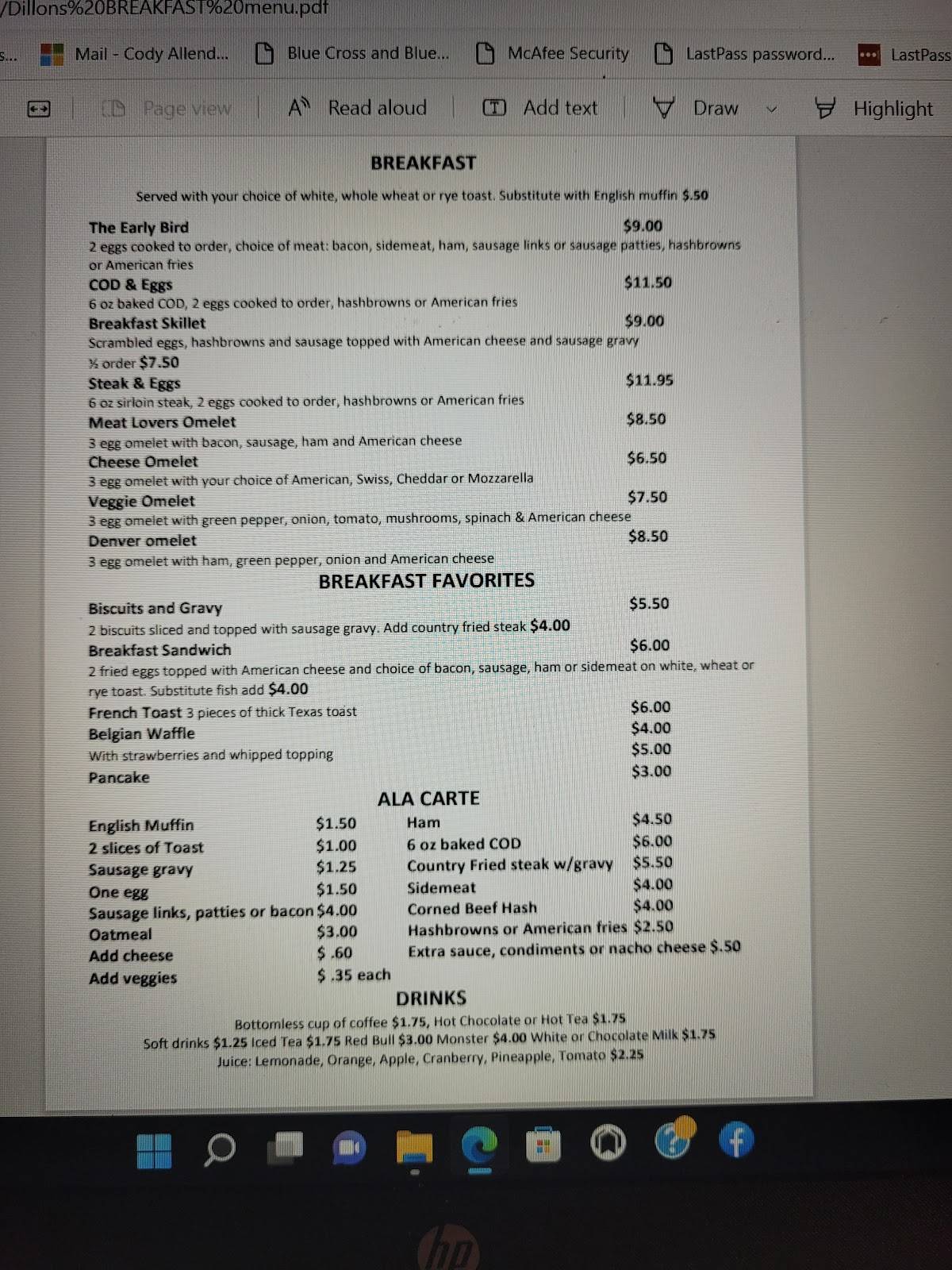 Menu at Dillon's pizzeria, Galena