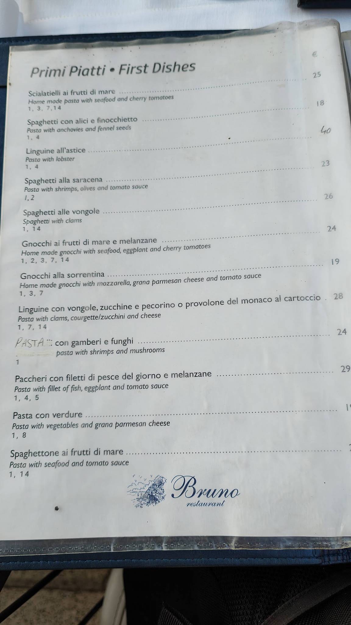 Menu da Ristorante Bruno, Positano